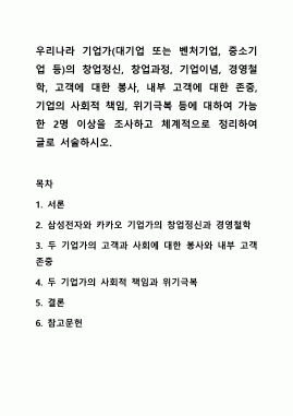 우리나라 기업가(대기업 또는 벤처기업, 중소기업 등)의 창업정신, 창업과정, 기업이념, 경영철학, 고객에 대한 봉사, 내부 고객에 대한 존중, 기업의 사회적 책임, 위기극복 등에 대하여 가능한 2명 이상을 조사하고 체계적으로 정리하여 글로 서술하시오.-1페이지