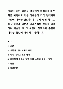 가족에 대한 이론적 관점에서 미래가족의 변화를 예측하고 이들 이론들이 각각 정책과제수립에 어떠한 영양을 미치는지 설명 하시오. 즉 가족관계 이론과 미래가족의 변화를 예측하여 기술한 후 그 이론이 정책과제 수립에 미치는 영양에 대해서 기술하시오.-1페이지