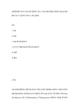 (경영전략론) 하나의 산업 내에 경쟁하고 있는 3개의 경쟁기업을 선택하여 VRIO 분석을 행하시오. 각 기업마다 적어도 5개의 강점에-1페이지