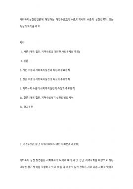 사회복지실천방법론에 해당하는 개인수준,집단수준,지역사회 수준의 실천전략이 갖는 특징과 차이를 비교-1페이지