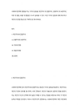 사회복지정책에 영향을 주는 가치의 갈등을 개인주의 대 집합주의, 선별주의 대 보편주의, 자유 대 평등, 효율 대 평등을 나누어 살펴볼 수 있다. 이런 가치의 갈등에 대해 제시하고 개인의 의견을 중심으로 구체적으로 제시하세요 (1)-1페이지