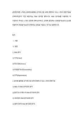 (경영전략론 4학년) 글로벌 플랫폼 상거래 산업 내에 경쟁하고 있는 3개의 경쟁기업을 선택하여(한국 기업 포함가능) VRIO 분석을 행하시오. VRIO 분석표를 사용하되 각 기업마다 적어도 5개의 강점에 대해 분석하고 교재에 등장하는 모방불가능성의 요소를 이용하여 모방불가능성이 존재하는 강점을 기업당 2개 이상 설명하시오.-1페이지