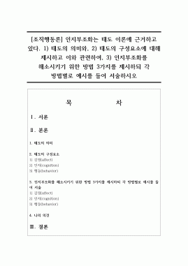 [조직행동론] 인지부조화는 태도 이론에 근거하고 있다. 1) 태도의 의미와, 2) 태도의 구성요소에 대해 제시하고 이와 관련하여, 3) 인지부조화를 해소시키기 위한 방법 3가지를 제시하되 각 방법별로 예시를 들어 서술하시오-1페이지