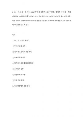 1. 2021년, 나의 7대 사건  2021년 한 해 동안 자신과 주변에서 벌어진 사건 중 7개를 선택하여 소개하는 글을 쓰시오.2. 나의 멘토에게 쓰는 편지 자신이 가장 닮고 싶은 사람, 혹은 인생의 선배이자 충고자 중 한 사람을 수신자로 선택하여 편지글을 쓰시오.(글쓰기 워크북, 150~151쪽 참고)-1페이지