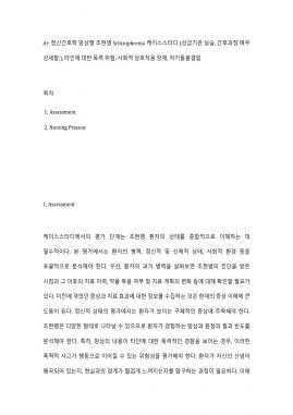 A+ 정신간호학 망상형 조현병 Schizophrenia 케이스스터디 (상급기관 실습, 간호과정 매우 상세함.), 타인에 대한 폭력 위험, 사회적 상호작용 장애, 자기돌봄결핍-1페이지