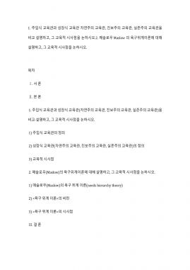 1. 주입식 교육관과 성장식 교육관 자연주의 교육관, 진보주의 교육관, 실존주의 교육관을  비교 설명하고, 그 교육적 시사점을 논하시오.2. 매슬로우Maslow의 욕구위계이론에 대해 설명하고, 그 교육적 시사점을 논하시오.-1페이지