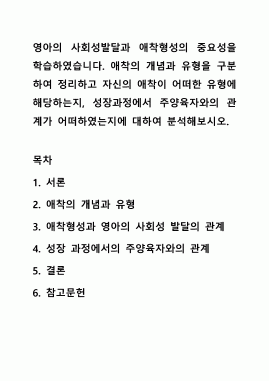 영아의 사회성발달과 애착형성의 중요성을 학습하였습니다. 애착의 개념과 유형을 구분하여 정리하고 자신의 애착이 어떠한 유형에 해당하는지, 성장과정에서 주양육자와의 관계가 어떠하였는지에 대하여 분석해보시오.-1페이지