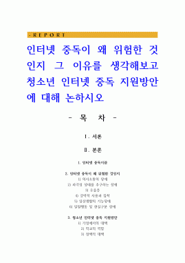 인터넷 중독이 왜 위험한 것인지 그 이유를 생각해보고 청소년 인터넷 중독 지원방안에 대해 논하시오-1페이지