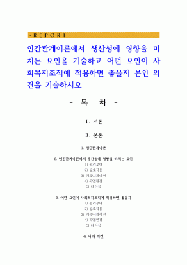 인간관계이론에서 생산성에 영향을 미치는 요인을 기술하고 어떤 요인이 사회복지조직에 적용하면 좋을지 본인 의견을 기술하시오-1페이지