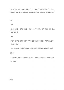 한국 사회에서 가족의 변화를 바라보는 두 가지 관점을 설명하고, 자신이 생각하는 가족의 관점을 밝힌 후 21세기 사회복지의 실천에서 필요한 가족의 관점이 무엇인지 제시하시오.-1페이지