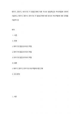 태아기, 영아기, 유아기의 각 발달단계에 따른 자녀의 발달특성과 부모역할에 대하여 서술하고, 태아기, 영아기, 유아기의 각 발달단계에 따른 본인의 부모역할에 대한 견해를 서술하시오-1페이지