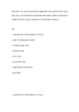 현대가족의 4가지 가족 가치관(가족 범위 및 결혼에 대한 가치관, 부부관계 가치관, 자녀에 대한 가치관, 노부모 부양에 대한 가치관)에 대해 간략히 설명하고, 변화된 가치관의 원인과 사례를 각각 분석하고 제시한 후, 바람직한 가족 가치관에 대하여 서술하시오.-1페이지