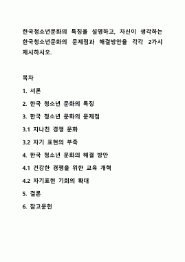 한국청소년문화의 특징을 설명하고, 자신이 생각하는 한국청소년문화의 문제점과 해결방안을 각각 2가시 제시하시오.-1페이지