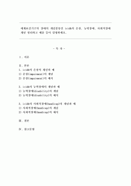 세계보건기구의 장애의 개념분류인 icidh의 손상, 능력장애, 사회적장애 개념 정리하고 예를 들어 설명하세요.-1페이지