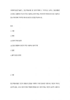 사회복지실천기술론 ) 정신역동모델 중 방어기제에 5가지이상 논하고, 일상생활인 스트레스 상황에서 자신이 주로 사용하는 방어기제는 무엇이며 어떠한 방식으로 사용하고 있는지에 대해 구처적인 예시와 본인의 의견을 작성하시오.-1페이지