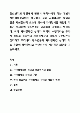 청소년기의 발달에서 반드시 획득하여야 하는 개념이 자아정체감임에도 불구하고 우리 사회에서는 학업과 같은 사회문화적 요소에 의하여 자아정체감 확립될 기회가 부재하여 청소년들이 어려움을 경험하고 있습니다. 이에 자아정체감 상태가 위기와 수행이라는 두가지 축으로 청소년의 자아정체감이 어떻게 구분되는지 정리하고 우리나라 청소년들의 자아정체감 상태가 어느 유형에 해당한다고 판단하는지 개인적인 의견을 기술하시오.-1페이지