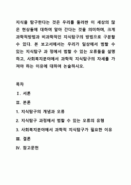 지식을 탐구한다는 것은 우리를 둘러싼 이 세상의 많은 현상들에 대하여 알아 간다는 것을 의미하며, 크게 과학적방법과 비과학적인 지식탐구의 방법으로 구분할 수 있다. 본 보고서에서는 우리가 일상에서 범할 수 있는 지식탐구 과 정에서 범할 수 있는 오류들을 설명하고, 사회복지분야에서 과학적 지식탐구의 자세를 가져야 하는 이유에 대하여 논술하시오.-1페이지