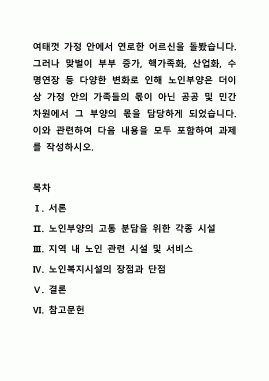 여태껏 가정 안에서 연로한 어르신을 돌봤습니다. 그러나 맞벌이 부부 증가, 핵가족화, 산업화, 수명연장 등 다양한 변화로 인해 노인부양은 더이상 가정 안의 가족들의 몫이 아닌 공공 및 민간차원에서 그 부양의 몫을 담당하게 되었습니다. 이와 관련하여 다음 내용을 모두 포함하여 과제를 작성하시오.-1페이지