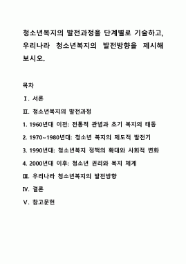 청소년복지의 발전과정을 단계별로 기술하고, 우리나라 청소년복지의 발전방향을 제시해 보시오.-1페이지