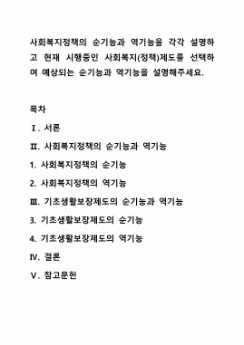 사회복지정책의 순기능과 역기능을 각각 설명하고 현재 시행중인 사회복지(정책)제도를 선택하여 예상되는 순기능과 역기능을 설명해주세요.-1페이지