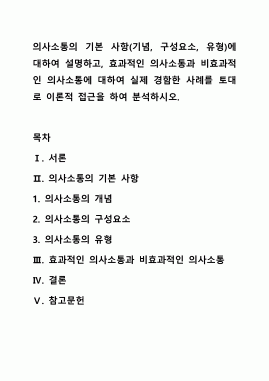 의사소통의 기본 사항(기념, 구성요소, 유형)에 대하여 설명하고, 효과적인 의사소통과 비효과적인 의사소통에 대하여 실제 경함한 사례를 토대로 이론적 접근을 하여 분석하시오.-1페이지