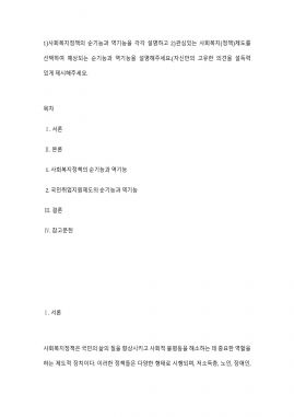 1)사회복지정책의 순기능과 역기능을 각각 설명하고 2)관심있는 사회복지(정책)제도를 선택하여 예상되는 순기능과 역기능을 설명해주세요.(자신만의 고유한 의견을 설득력 있게 제시해주세요.-1페이지