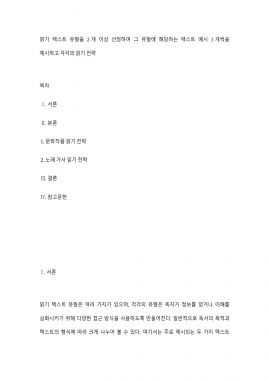 읽기 텍스트 유형을 2개 이상 선정하여 그 유형에 해당하는 텍스트 예시 1개씩을 제시하고 각각의 읽기 전략-1페이지