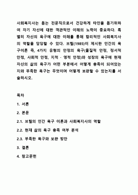 사회복지사는 돕는 전문직으로서 건강하게 타인을 돕기위하여 자기 자신에 대한 객관적인 이해의 노력이 중요하다. 특별히 자신의 욕구에 대한 이해를 통해 합리적인 사회복지사의 역할을 담당할 수 있다. 브릴(1985)이 제시한 인간의 욕구이론 즉, 4가지 유형의 안정의 욕구(물질적 안정, 정서적 안정, 사회적 안정, 지적 · 영적 안정)와 성장의 욕구에 현재 자신의 삶의 욕구가 어떤 부분에서 어떻게 충족이 되어있는지와 부족한 욕구는 무엇이며 어떻게 보완할 수 -1페이지