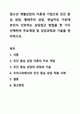 청소년 개별상담의 이론과 기법으로 인간 중심 상담, 형태주의 상담, 현실치요 가운데 본인이 선호하는 상담접근 방법을 한 가지 선택하여 주요개념 및 상감과정과 기술을 정리하시오.-1페이지