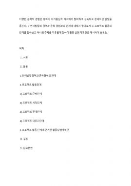 다양한 문학적 경험은 유아기 자기중심적 사고에서 탈피하고 성숙하고 창의적인 발달을 돕는다. 1. 언어발달의 영역과 문학 경험과의 관계에 대해서 알아보자. 2. 프로젝트 활동의 단계를 알아보고 하나의 주제를 자유롭게 정하여 활동 실행 계획안을 제시하여 보세요.-1페이지