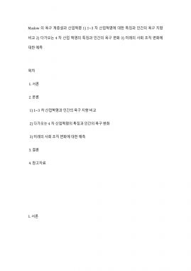 Maslow의 욕구 계층설과 산업혁명 1) 1~3차 산업혁명에 대한 특징과 인간의 욕구 지향 비교 2) 다가오는 4차 산업 혁명의 특징과 인간의 욕구 변화 3) 미래의 사회 조직 변화에 대한 예측-1페이지