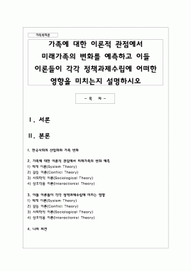 가족에 대한 이론적 관점에서 미래가족의 변화를 예측하고 이들 이론들이 각각 정책과제수립에 어떠한 영향을 미치는지 설명-1페이지