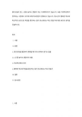 열다섯살의 꿈, 1년쯤 놀아도 괜찮아 라는 다큐멘터리가 있습니다. 요즘 자유학년제가 정착되는 시점에서 과거에 비해 학교현장이 변화되고 있습니다. 청소년이 행복한 학교와 학교적인 요인으로 학업을 중단하는 일이 최소화되는 학교 만들기에 대한 본인의 생각을 진술하시오. (1)-1페이지