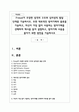 Freud가 주장한 성격의 구조와 심리성적 발달 단계를 기술하시오. 또한 대표적인 방어기제의 종류를 기술하고, 자신이 가장 많이 사용하는 방어기제를 선택하여 예시를 들어 설명하고, 방어기제 사용을 줄이기 위한 방안을 기술하시오-1페이지