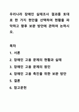 우리나라 장애인 실태조사 결과를 토대로 한 가지 현안을 선택하여 현황을 파악하고 향후 보완 방안에 관하여 논하시오.-1페이지