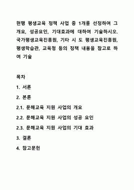 현행 평생교육 정책 사업 중 1개를 선정하여 그 개요, 성공요인, 기대효과에 대하여 기술하시오. 국가평생교육진흥원, 기타 시 도 평생교육진흥원, 평생학습관, 교육청 등의 정책 내용을 참고로 하여 기술-1페이지