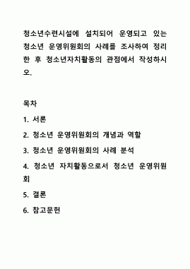 청소년수련시설에 설치되어 운영되고 있는 청소년 운영위원회의 사례를 조사하여 정리한 후 청소년자치활동의 관점에서 작성하시오.-1페이지