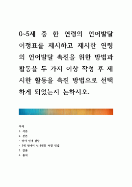 [ 0~5세 중 한 연령의 언어발달 이정표를 제시하고 제시한 연령의 언어발달 촉진을 위한 방법과 활동을 두 가지 이상 작성 후 제시한 활동을 측진 방법으로 선택하게 되었는지 논하시오-1페이지