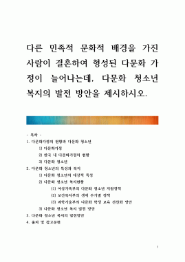 [ 다른 민족적 문화적 배경을 가진 사람이 결혼하여 형성된 다문화 가정이 늘어나는데, 다문화 청소년 복지의 발전 방안을 제시하시오-1페이지