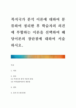 [ 복지국가 분석 이론에 대하여 분류하여 정리한 후 학습자의 의견에 부합하는 이론을 선택하여 해당이론의 장단점에 대하여 서술하시오-1페이지