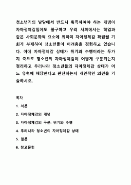 청소년기의 발달에서 반드시 획득하여야 하는 개념이 자아정체감임에도 불구하고 우리 사회에서는 학업과 같은 사회문화적 요소에 의하여 자아정체감 확립될 기회가 부재하여 청소년들이 어려움을 경험하고 있습니다. 이에 자아정체감 상태가 위기와 수행이라는 두가지 축으로 청소년의 자아정체감이 어떻게 구분되는지 정리하고 우리나라 청소년들의 자아정체감 상태가 어느 유형에 해당한다고 판단하는지 개인적인 의견을 기술하시오.-1페이지