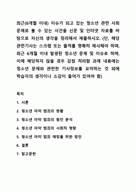 최근(6개월 이내) 이슈가 되고 있는 청소년 관련 사회문제로 볼 수 있는 사건을 신문 및 인터넷 자료를 바탕으로 자신의 생각을 정리해서 제출하시오. (단, 해당 관련기사는 스크랩 또는 출처를 명확히 제시해야 하며, 최근 6개월 이내 발생된 청소년 문제 및 이슈로 하며, 이에 해당하지 않을 경우 감점 처리함 과제 내용에는 청소년 문제와 관련한 기사정보를 요약하는 것 외에 학습자의 생각이나 소감이 들어가 있어야 함)-1페이지