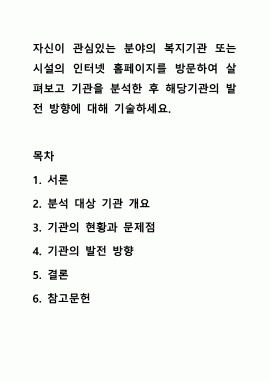 자신이 관심있는 분야의 복지기관 또는 시설의 인터넷 홈페이지를 방문하여 살펴보고 기관을 분석한 후 해당기관의 발전 방향에 대해 기술하세요.-1페이지