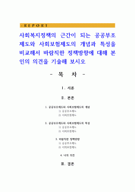 사회복지정책의 근간이 되는 공공부조제도와 사회보험제도의 개념과 특성을 비교해서 바람직한 정책방향에 대해 본인의 의견-1페이지