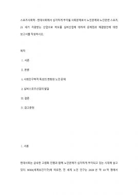 스포츠사회학 - 현대사회에서 심각하게 부각될 사회문제로서 노인문제와 노인관련 스포츠, 21세기 각광받는 산업으로 떠오를 실버산업에 대하여 문제점과 해결방안에 대한 보고서를 작성하시오.-1페이지