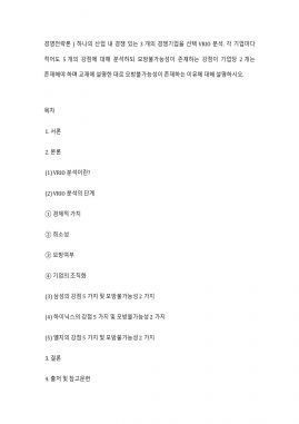 경영전략론 ) 하나의 산업 내 경쟁 있는 3개의 경쟁기업을 선택 VRIO 분석. 각 기업마다 적어도 5개의 강점에 대해 분석하되 모방불가능성이 존재하는 강점이 기업당 2개는 존재해야 하며 교재에 설명한 대로 모방불가능성이 존재하는 이유에 대해 설명하시오.-1페이지