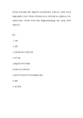 지역사회 욕구사정에 대한 ‘메슬로우의 욕구위계이론‘과 ’브래드쇼의 사회적 욕구‘의 개념을 설명하고 자신이 거주하는 지역사회의 욕구는 무엇인지를 조사, 설명하시오. 이어, 사회복지사로써 지역사회 욕구에 대한 해결방안(목표설정)을 위한 의견을 간략히 서술하시오.-1페이지