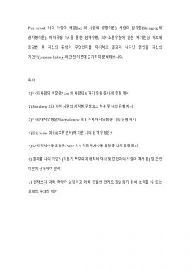 Plus report 나의 사랑의 색깔(Lee의 사랑의 유형이론), 사랑의 삼각형(Sterngerg의 삼각형이론), 애착유형 TA를 통한 성격유형, 의사소통유형에 관한 자기점검 척도에 응담한 후 자신의 유형이 무엇인지를 제시하고 결과에 나타난 원인을 자신의 개인사(personal history)와 관련 이론에 근거하여 분석해보시오.-1페이지