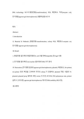 DNA technology 보고서-형질전환(transformation), PCR, 제한효소 처리(enzyme cut), 전기영동(agarose gel electrophoresis) 생물학실험 보고서-1페이지