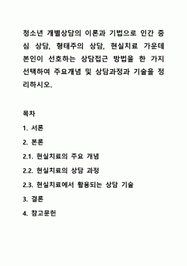 청소년 개별상담의 이론과 기법으로 인간 중심 상담, 형태주의 상담, 현실치료 가운데 본인이 선호하는 상담접근 방법을 한 가지 선택하여 주요개념 및 상담과정과 기술을 정리하시오.-1페이지